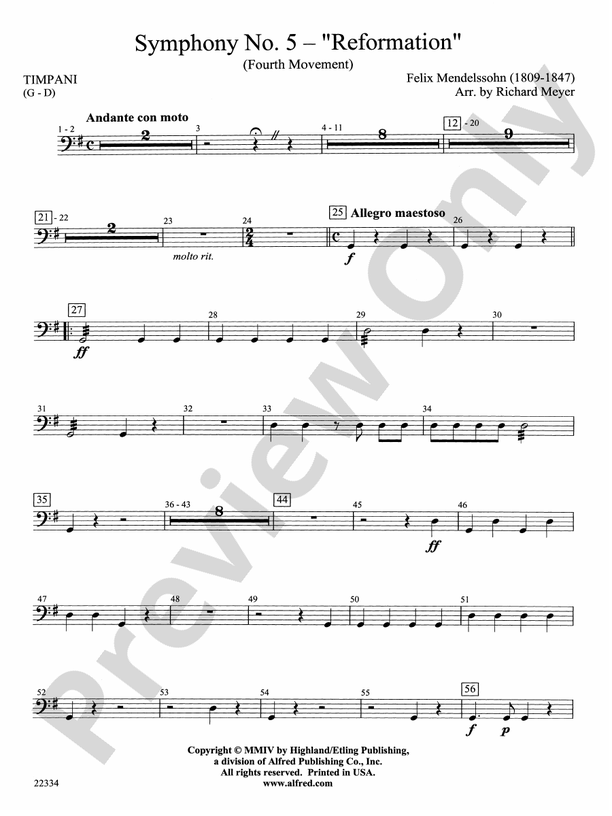 Symphony No. 5 "Reformation" (4th Movement): Timpani: Timpani Part - Digital Sheet Music Download