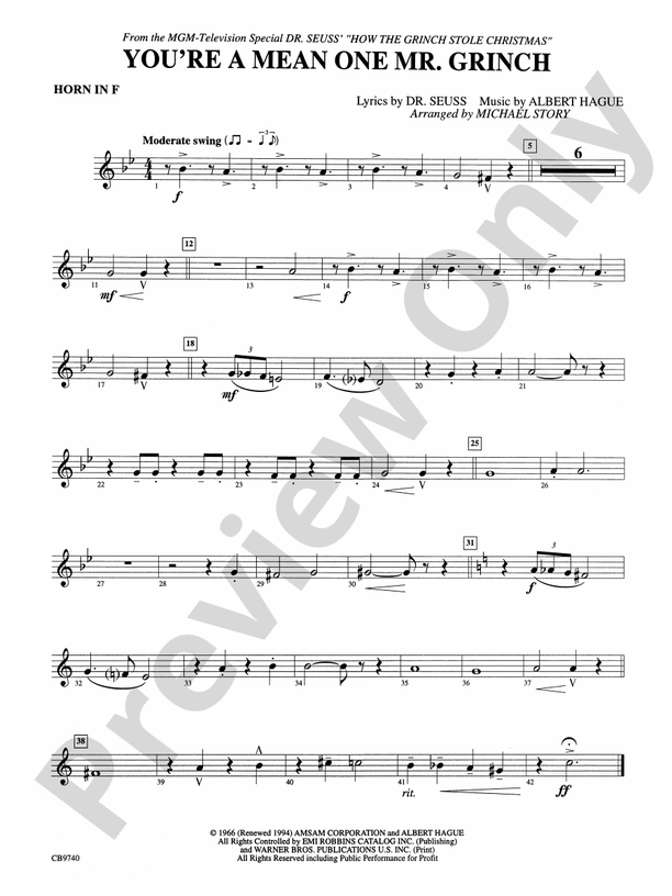 You're a Mean One, Mr. Grinch: 1st F Horn: 1st F Horn Part - Digital ...