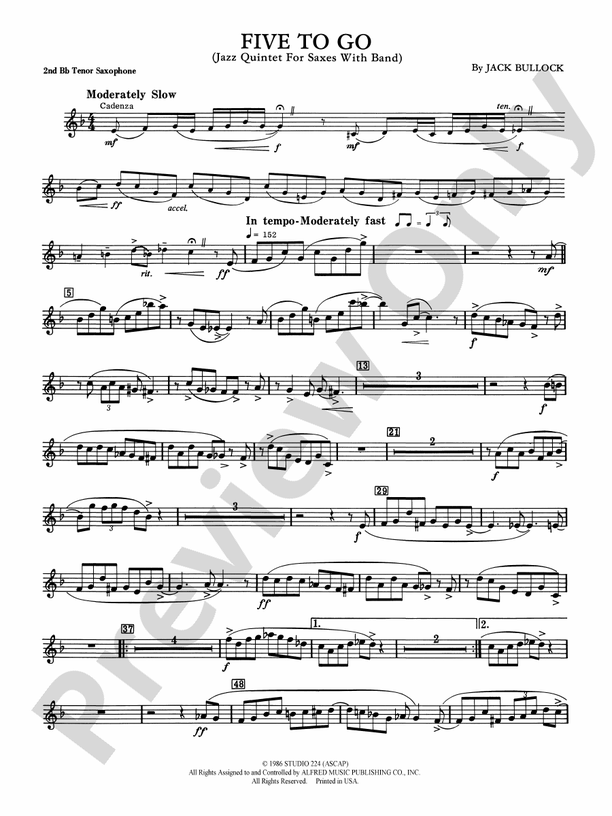 Five to Go: 2nd B-flat Tenor Saxophone: 2nd B-flat Tenor Saxophone Part ...