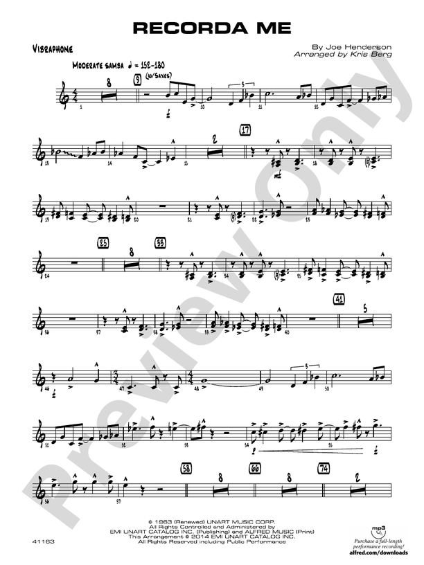 Recorda me: Vibraphone: Vibraphone Part - Digital Sheet Music Download