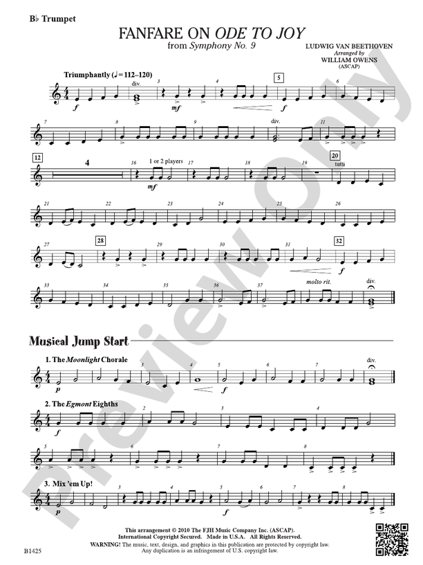 Fanfare on "Ode to Joy" from Symphony No. 9: B-flat Trumpet: B-flat Trumpet Part: Ludwig van ...