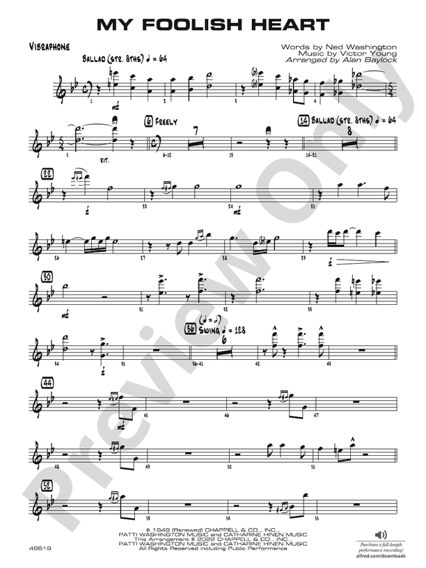 My Foolish Heart: Vibraphone: Vibraphone Part - Digital Sheet Music Download
