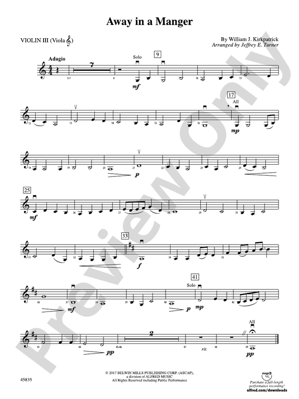 Away in a Manger: 3rd Violin (Viola [TC]): 3rd Violin (Viola [TC]) Part ...