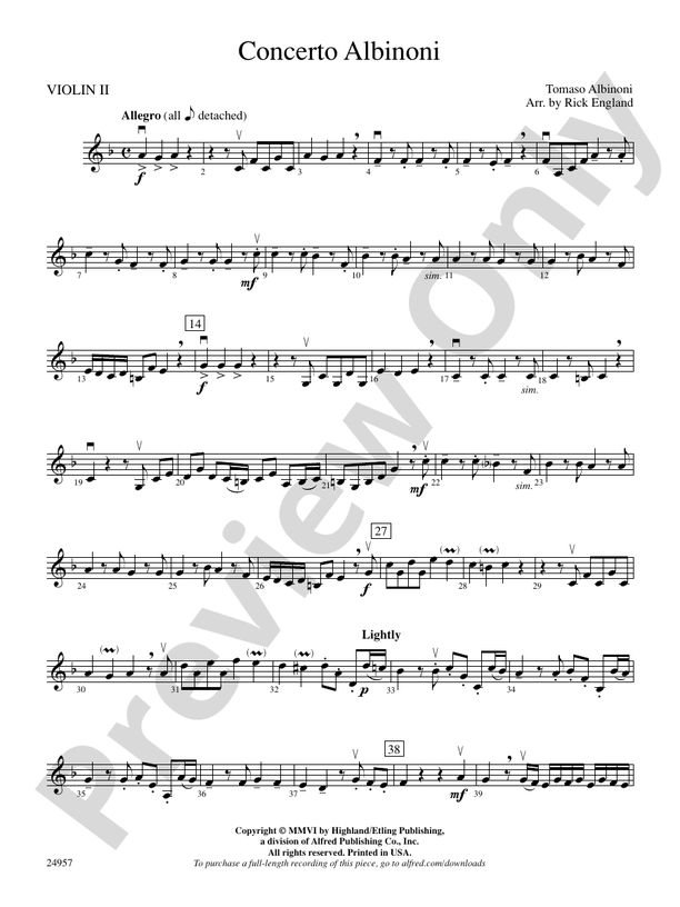 Concerto Albinoni: 2nd Violin: 2nd Violin Part - Digital Sheet Music Download