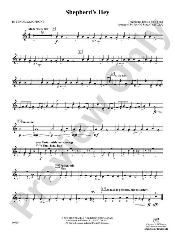 Shepherd's Hey: B-flat Tenor Saxophone: B-flat Tenor Saxophone Part ...