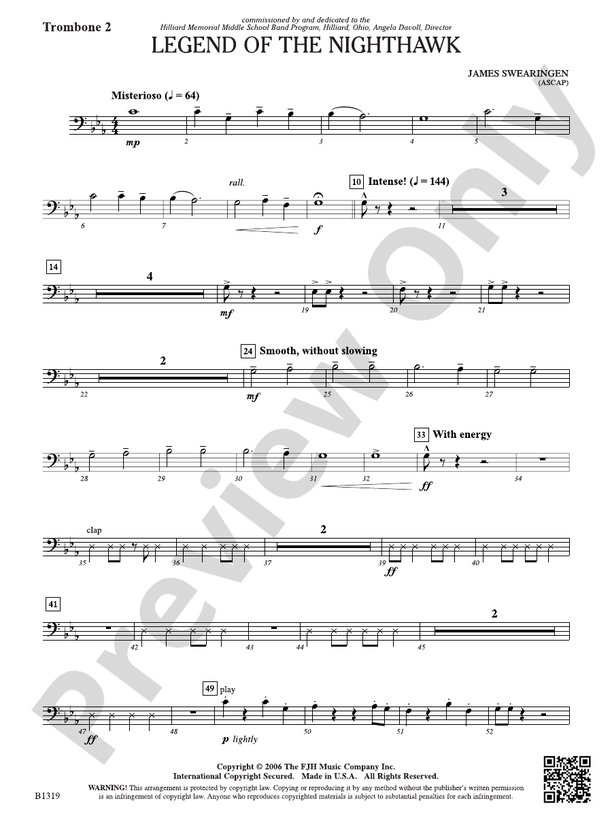 Legend of the Nighthawk: Trombone 2: Trombone 2 Part: James Swearingen ...