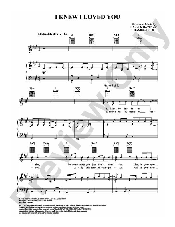 I Knew I Loved You: Piano/Vocal/Chords: Savage Garden - Digital Sheet ...