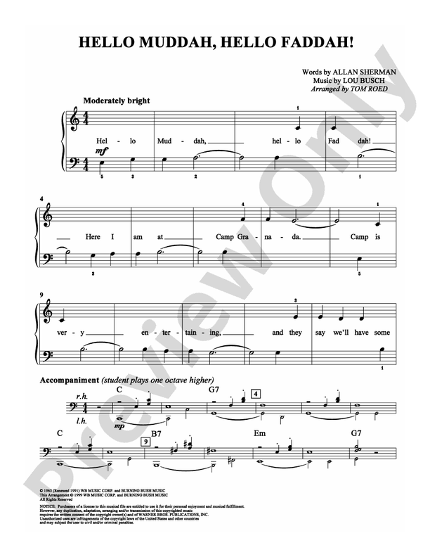 Hello Muddah, Hello Faddah!: Easy Piano: Lou Busch - Digital Sheet ...