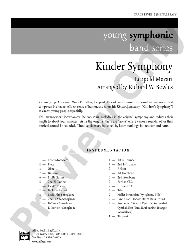 Kinder Symphony: Concert Band Conductor Score & Parts: Leopold Mozart ...