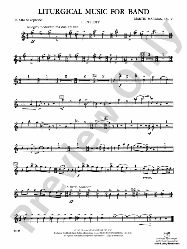 Liturgical Music for Band, Op. 33: E-flat Alto Saxophone: E-flat Alto ...