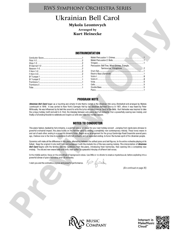Ukrainian Bell Carol: Score: Full Orchestra Score - Digital Sheet Music ...