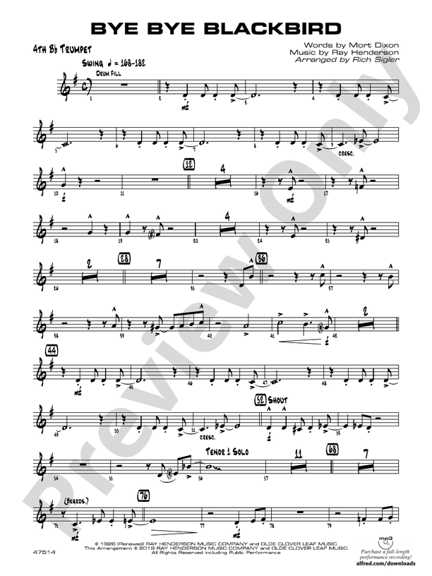 Bye Bye Blackbird: 4th B-flat Trumpet: 4th B-flat Trumpet Part ...