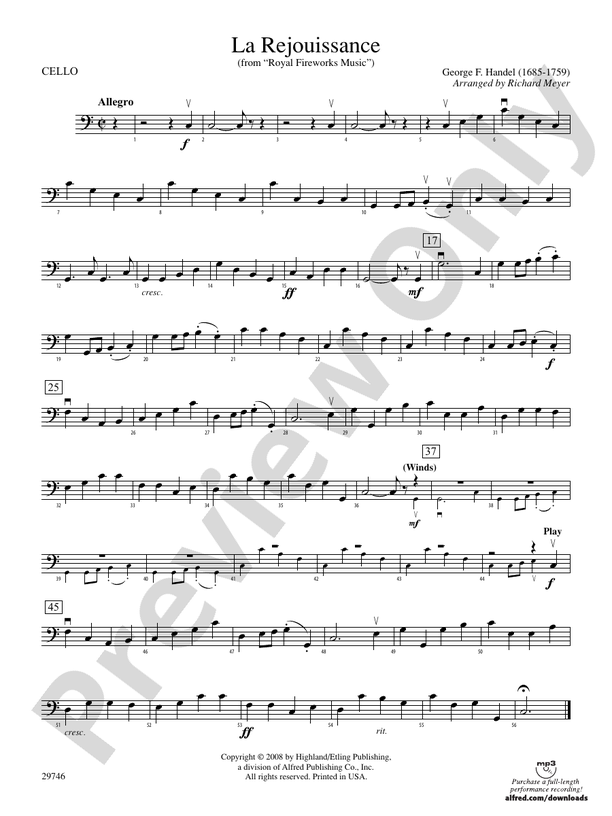La Rejouissance (from Royal Fireworks Music): Cello: Cello Part ...
