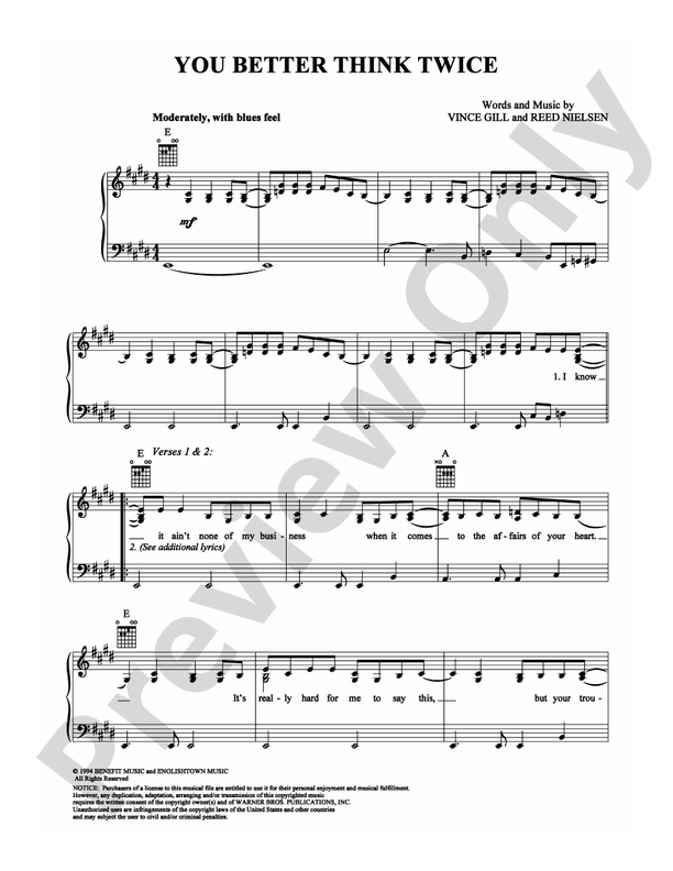 You Better Think Twice: Piano/Vocal/Chords: Vince Gill - Digital Sheet ...