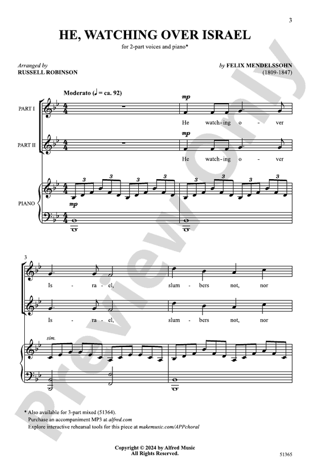 He, Watching Over Israel: : Felix Mendelssohn - Digital Sheet Music ...
