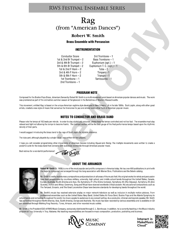 Rag - From American Dances: Score: Brass with Percussion Score: Robert ...