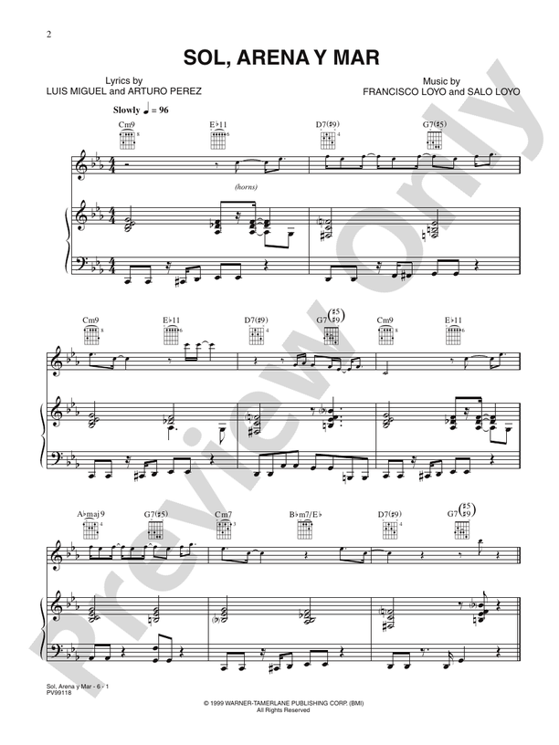 Sol, Arena y Mar: Piano/Vocal/Chords: Luis Miguel - Digital Sheet Music ...
