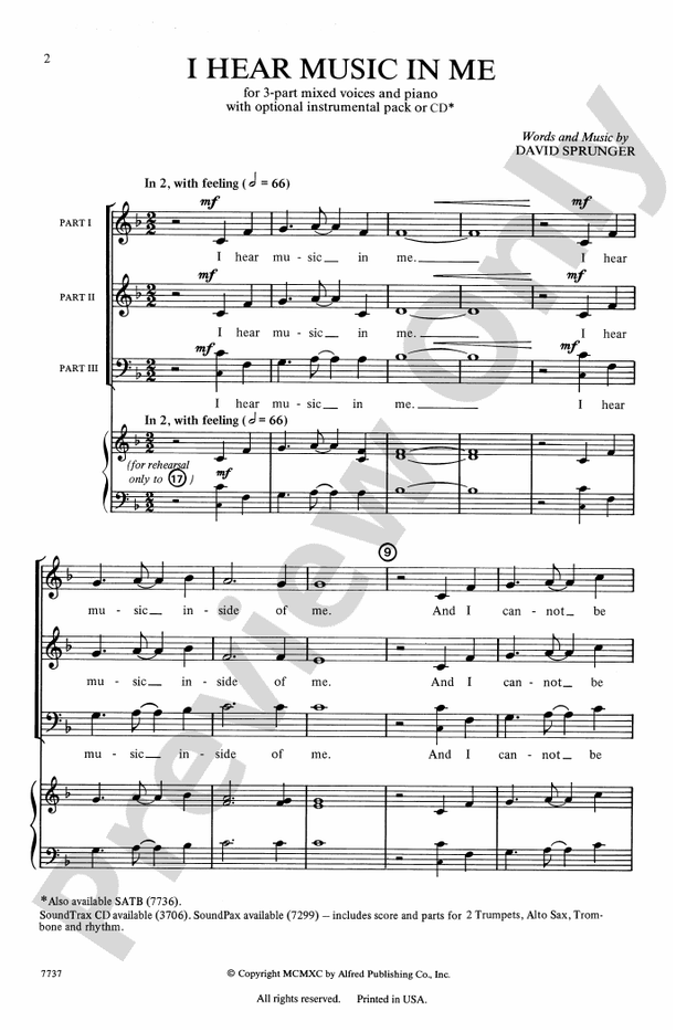 I Hear Music in Me: 3-Part Mixed Choral Octavo: David Sprunger ...