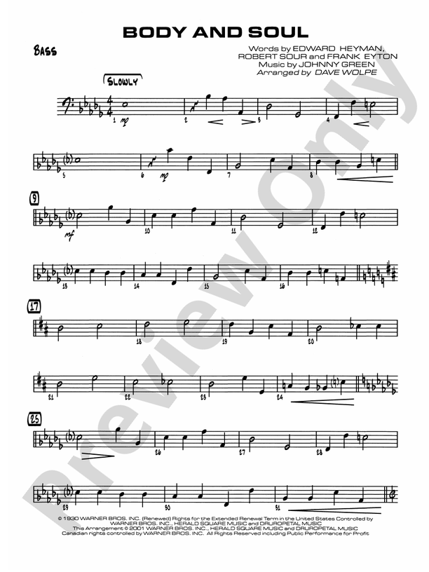 Body and Soul: String Bass: String Bass Part - Digital Sheet Music Download