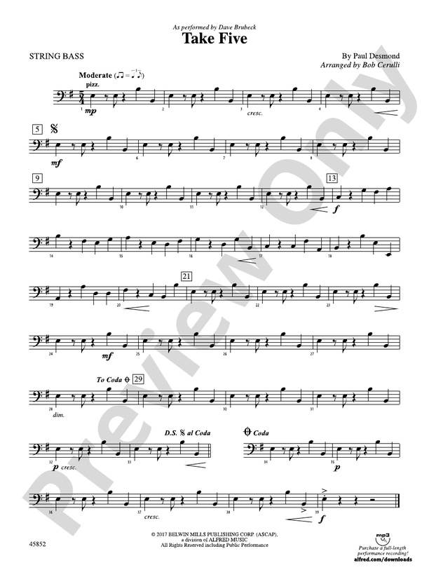 Take Five: String Bass: String Bass Part - Digital Sheet Music Download