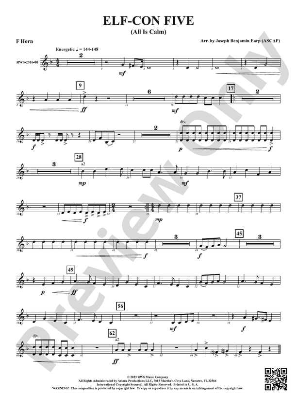 ELF-CON FIVE - All Is Calm: 1st F Horn: 1st F Horn Part - Digital Sheet ...