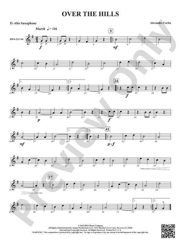 Over The Hills: 1st E-flat Alto Saxophone: 1st E-flat Alto Saxophone Part: Alexandre Carlin ...