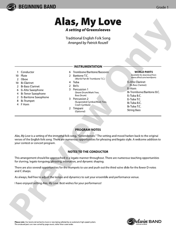 Alas, My Love: Concert Band Conductor Score & Parts - Digital Sheet ...