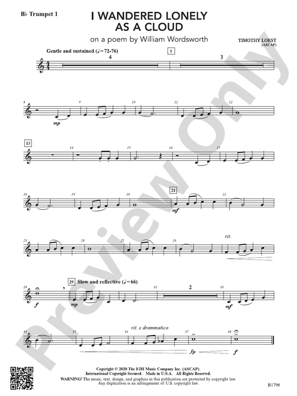 I Wandered Lonely as a Cloud (on a poem by William Wordsworth): B-flat ...