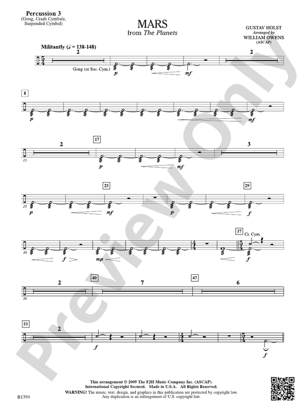 Mars from The Planets: Percussion 3: Percussion 3 Part: Gustav Holst ...