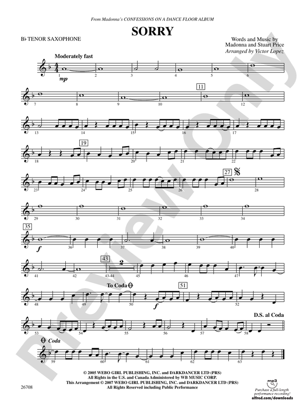 Sorry: B-flat Tenor Saxophone: B-flat Tenor Saxophone Part - Digital ...