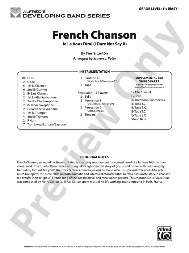 French Chanson: Concert Band Conductor Score & Parts: Pierre Certon ...