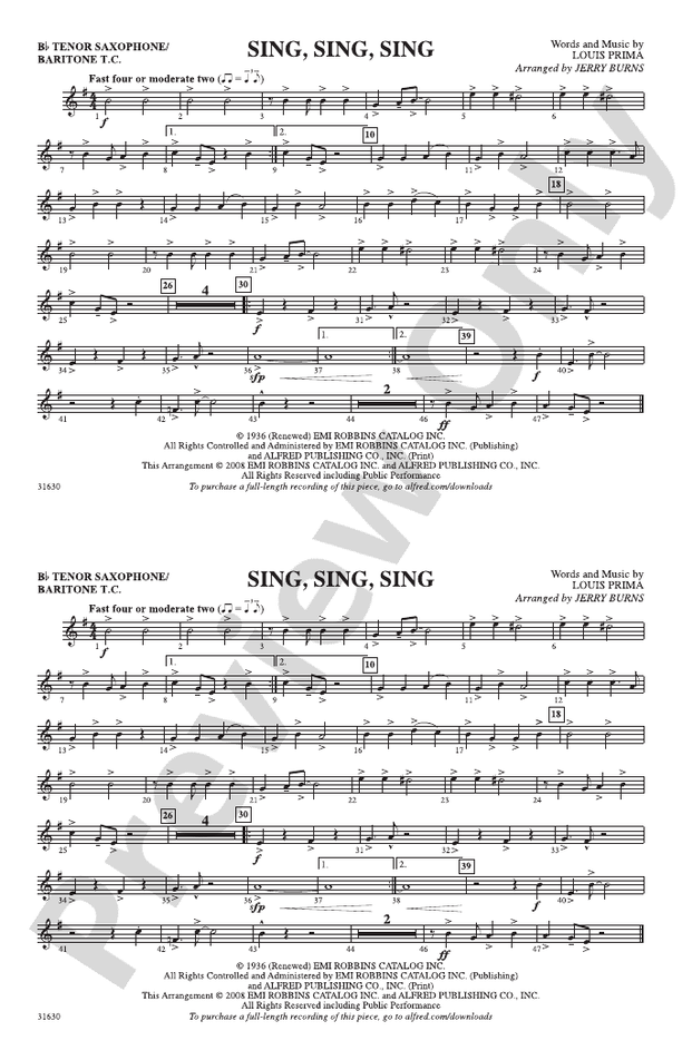 Sing, Sing, Sing: Bb Tenor Saxophone/Bartione Treble Clef: Bb Tenor ...