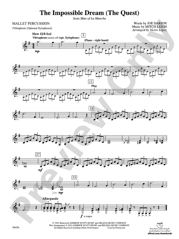 The Impossible Dream (from Man of La Mancha): Mallets: Mallets Part - Digital Sheet Music Download