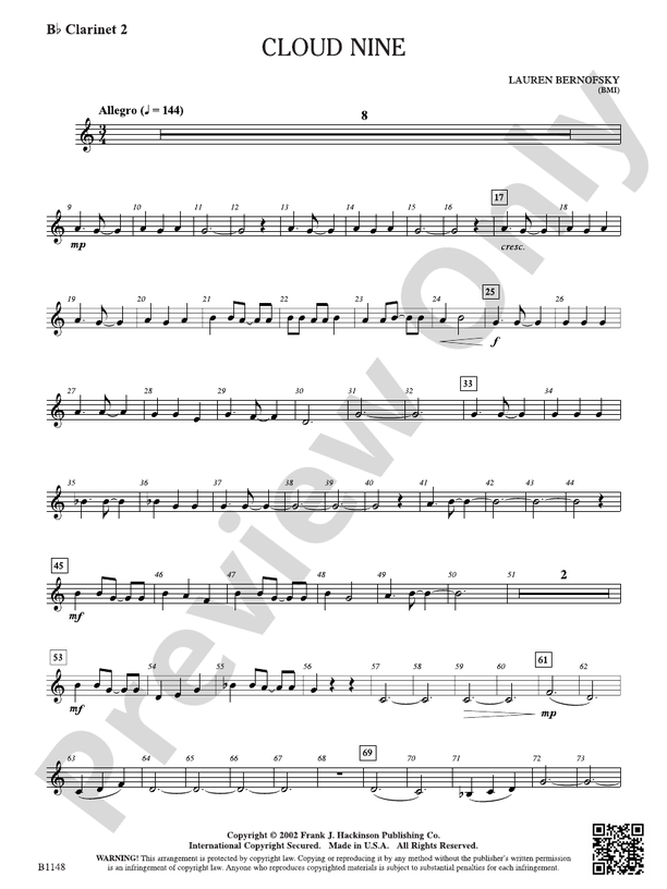 Cloud Nine: B-flat Clarinet 2: B-flat Clarinet 2 Part: Lauren Bernofsky ...