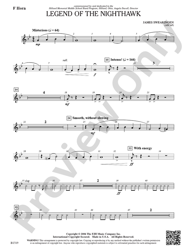 Legend of the Nighthawk: F Horn: F Horn Part: James Swearingen ...
