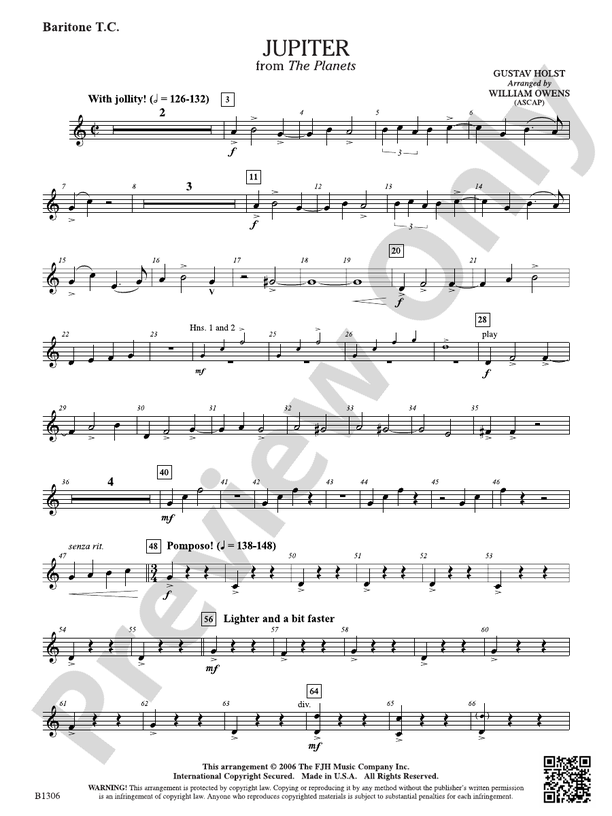 Jupiter (from The Planets): Baritone T.C.: Baritone T.C. Part: Gustav ...