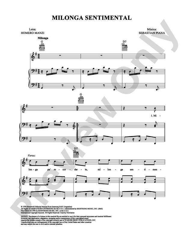 Milonga Sentimental: Piano/Vocal/Chords: Sebastian Piana - Digital Sheet Music Download