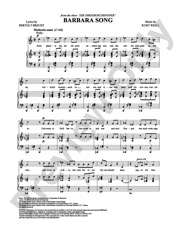 Barbara Song: Piano/Vocal/Chords: Kurt Weill - Digital Sheet Music Download