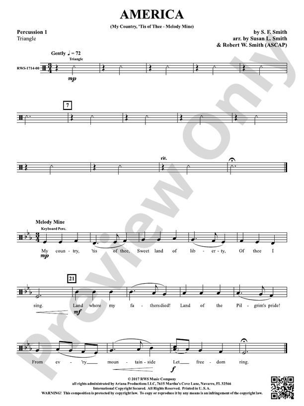 America: My Country 'Tis of Thee - Melody Mine: 1st Percussion: 1st ...