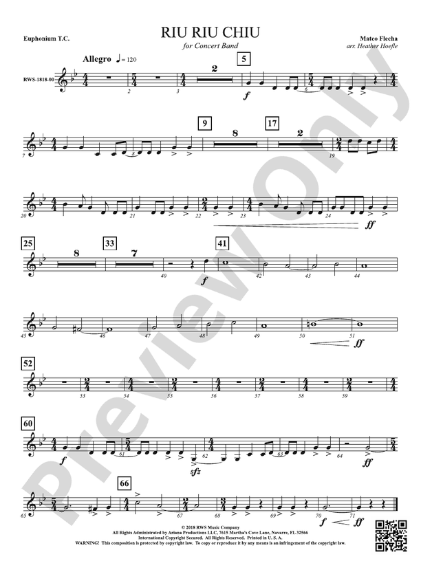 Riu Riu Chiu: Baritone T.C.: Baritone T.C. Part - Digital Sheet Music Download