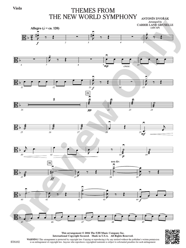 Themes from the New World Symphony: Viola: Viola Part: Antonin Dvorák ...