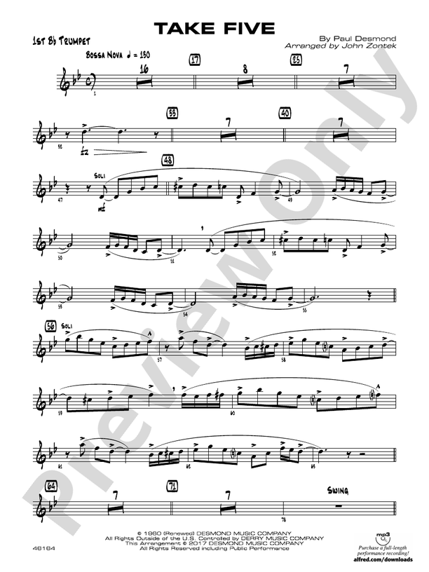 Take Five: 1st B-flat Trumpet: 1st B-flat Trumpet Part - Digital Sheet Music Download