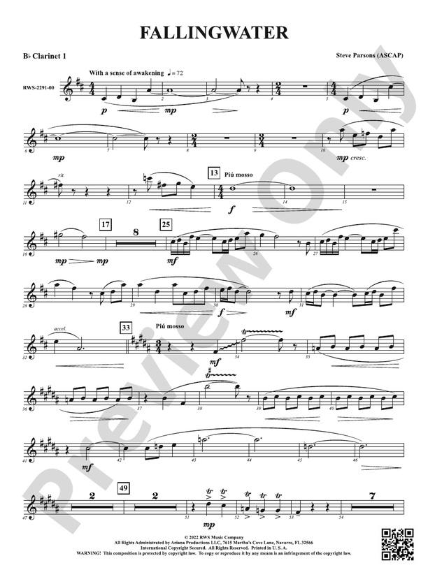 Fallingwater: 1st B-flat Clarinet: 1st B-flat Clarinet Part: Steve Parsons - Digital Sheet Music ...