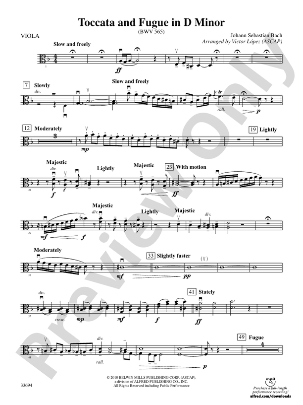 Toccata and Fugue in D Minor: Viola: Viola Part - Digital Sheet Music ...