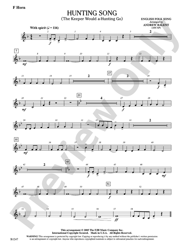 Hunting Song (The Keeper Would A-Hunting Go): F Horn: F Horn Part ...