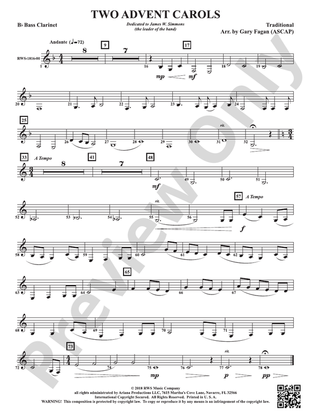 Two Advent Carols: B-flat Bass Clarinet: B-flat Bass Clarinet Part - Digital Sheet Music Download