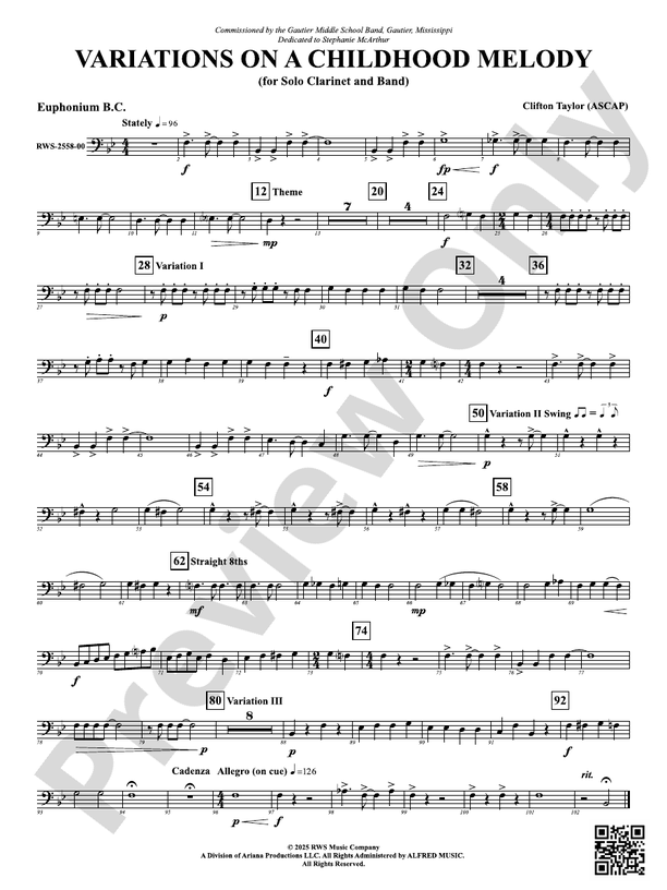 Variation On A Childhood Melody (for Solo Clarinet and Band): Euphonium ...