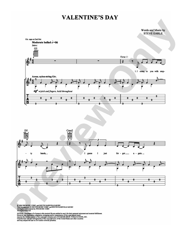 Valentine's Day: Guitar TAB: Steve Earle - Digital Sheet Music Download