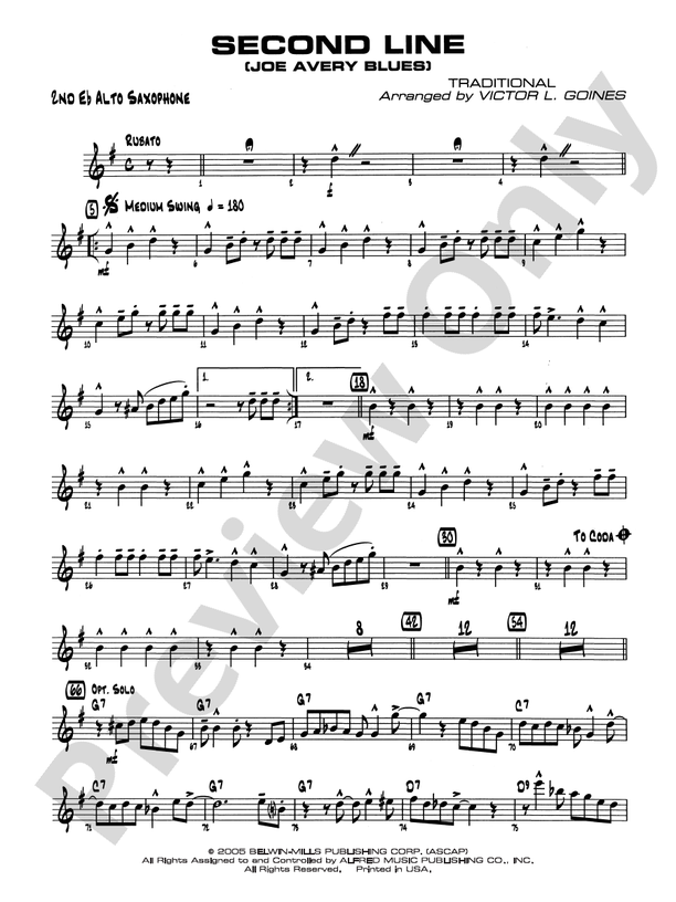 Second Line (Joe Avery Blues): 2nd E-flat Alto Saxophone: 2nd E-flat Alto Saxophone Part ...
