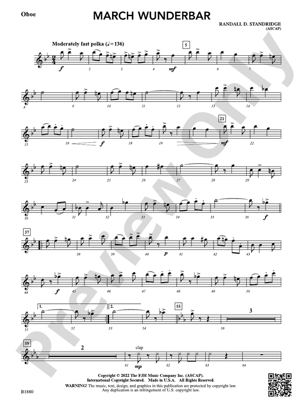 March Wunderbar: Oboe: Oboe Part: Randall D. Standridge - Digital Sheet Music Download